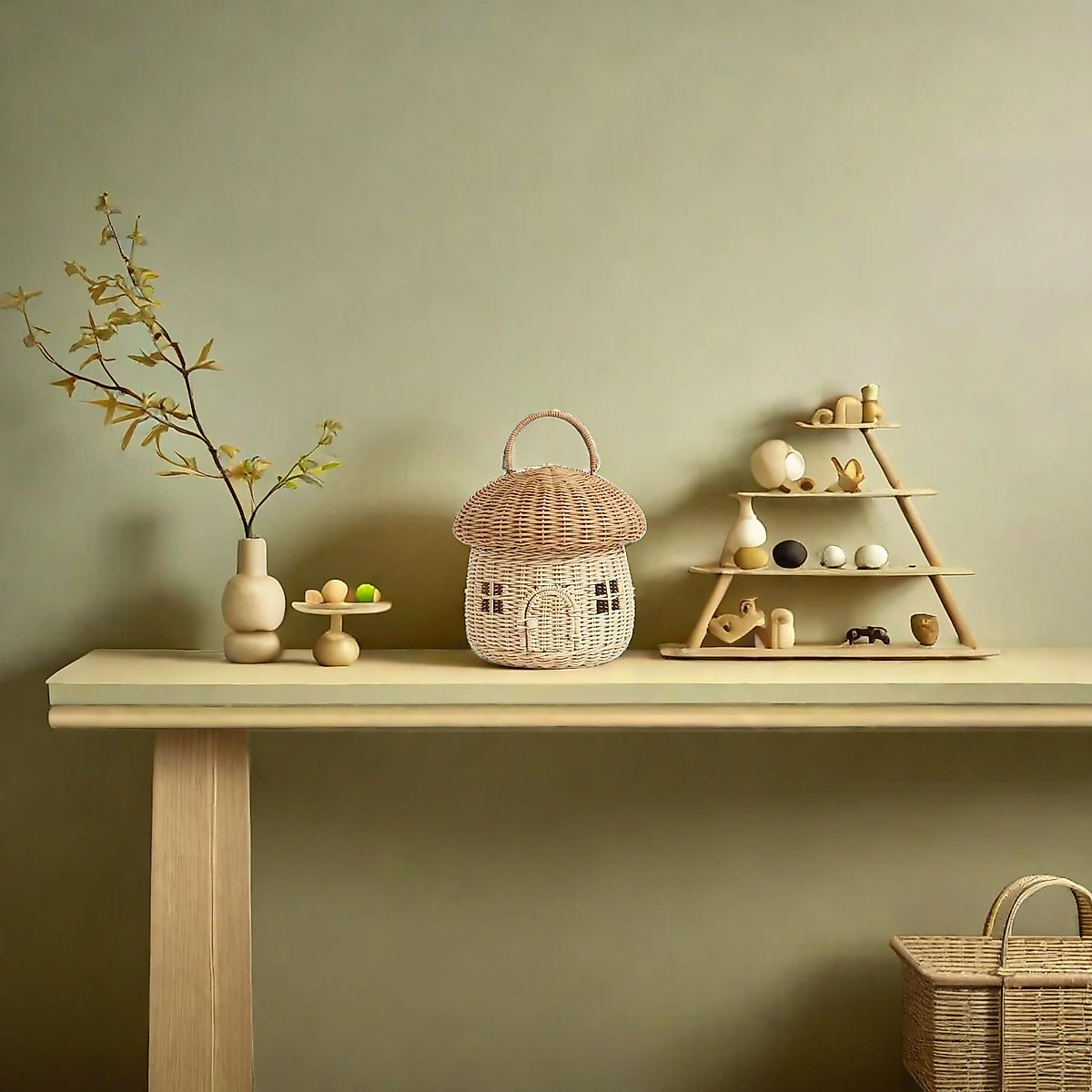 Wnvivi Mushroom Shape Rattan Storage Basket,Hand Woven Wicker Storage Bin with Handle and Lid,Cute Mushroom (25x25cm)