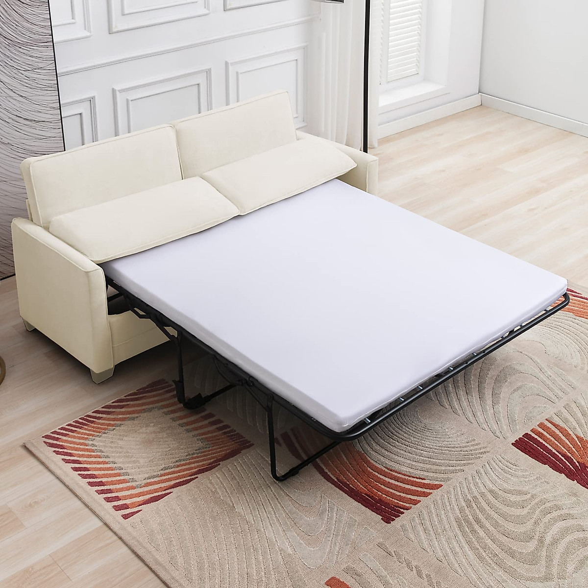 FRETSAE 2-in-1 Pull Out Sofa Bed, Convertible Velvet Sleeper Sofa Couch with Memory Foam Mattress, Large Sofa Pull Out Couch Bed for Living Room, Small Spaces, Queen Size, Beige