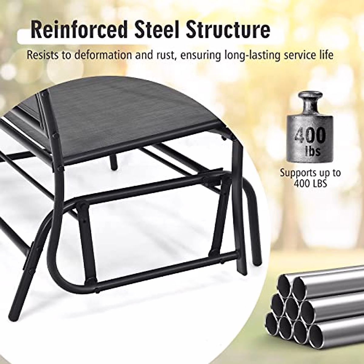 Tangkula 2-Person Patio Glider Bench, Outdoor Rocker Glider Loveseat Chair W/Heavy-Duty Steel Frame, Breathable Seat Fabric, Rocking Lounge Chair for Poolside, Garden, Backyard (Grey)