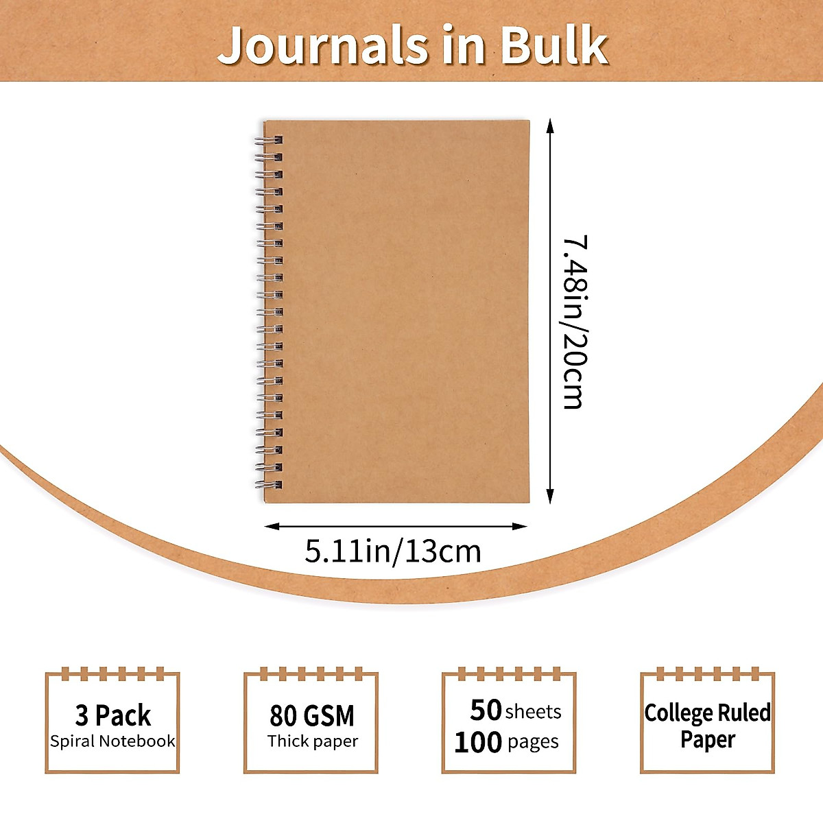 EOOUT 3 Pack Spiral Notebook College Ruled Notebook, 7.48 x 5.11 Inches Journal Soft Kraft Cover,100 Pages/ 50 Sheets for Students Office Business