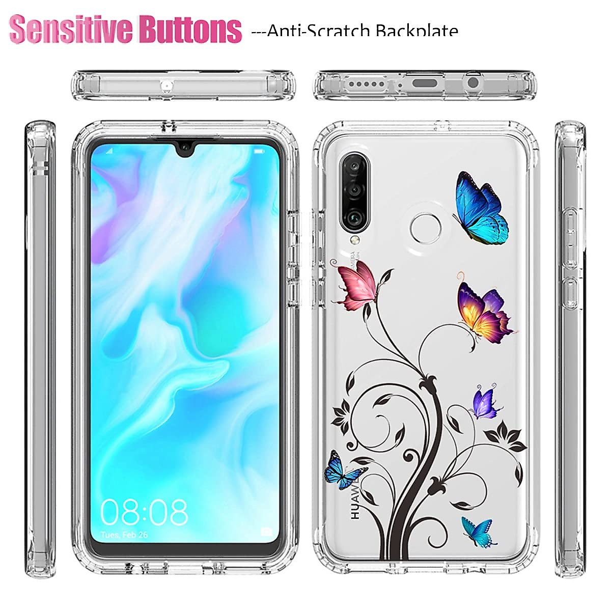 Vavies Phone Case for Huawei P30 Lite/Nova 4E, Butterfly Tree Floral Design, Clear TPU, Full Body Protection, Tempered Glass Screen Protector, Compatible with MAR-LX3A Models