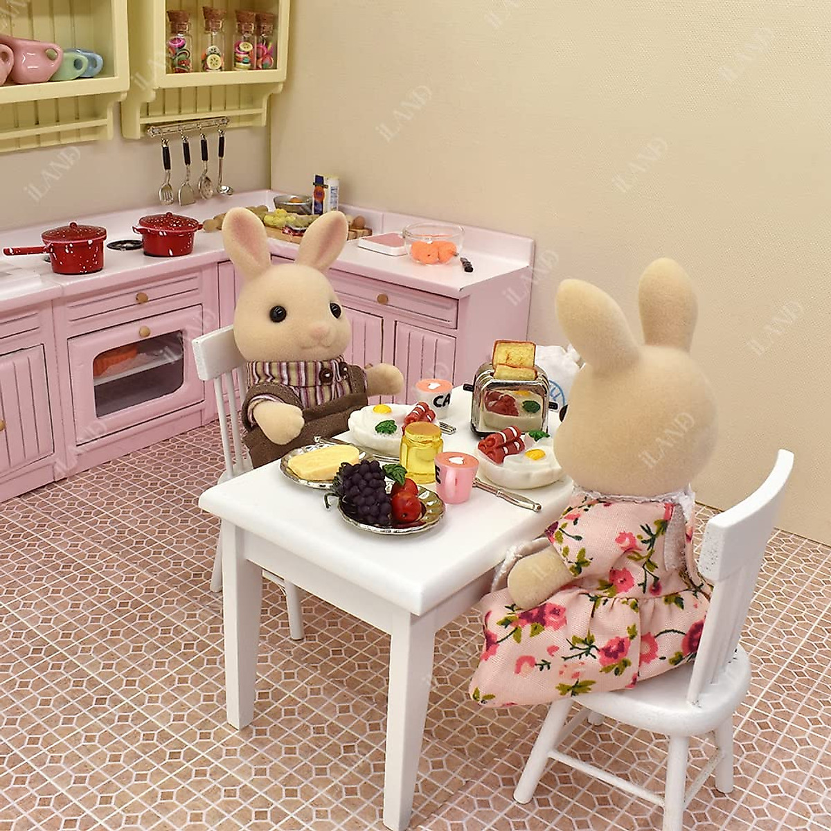 iLAND Wooden Dollhouse Furniture on 1:12 Scale for Miniature Dollhouse Kitchen w/Unit Cabinets, Dollhouse Fridge and Dollhouse Dining Room Furniture(Pretty Pink 11pcs)