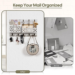 QILICHZ Key and Mail Holder for Wall,Decorative Key Holder Wall Mount,Wood Key Holder for Wall,Farmhouse Mail Key Organizer 13 Key Hooks,Rustic Key Hanger Wall Mount for Mail Envelope Letter Key,White