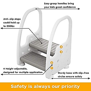 Two Step Stool with Handle for Toddler and Kids, Reaching Bathroom Sink, Toilet Potty Training (Gray, Height Adjustable)