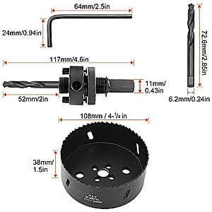 4-1/4 Inch Hole Saw with Heavy Duty Arbor, HSS Bi-Metal Holesaw Drill Bits 38mm Depth Hole Cutter Saw for Easily Drilling Soft Metal, Plywood, Plastic, Drywall, Wood, Fiberboard (108mm)