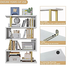 SORCEDAS Bookshelf Geometric Bookcase S Shaped Industrial Bookshelf Storage Display Stand Shelf for Living Room Bedroom and Office Room (White, 4 Tier)