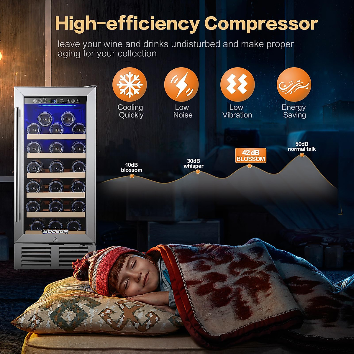 BODEGA 15 Inch wine fridge, 31 Bottles Mini Fridge,Wine Cooler Refrigerator with Double-Layer Glass Door, Wine cooler with smart chip control,Temperature Memory,Built-in or Freestanding.