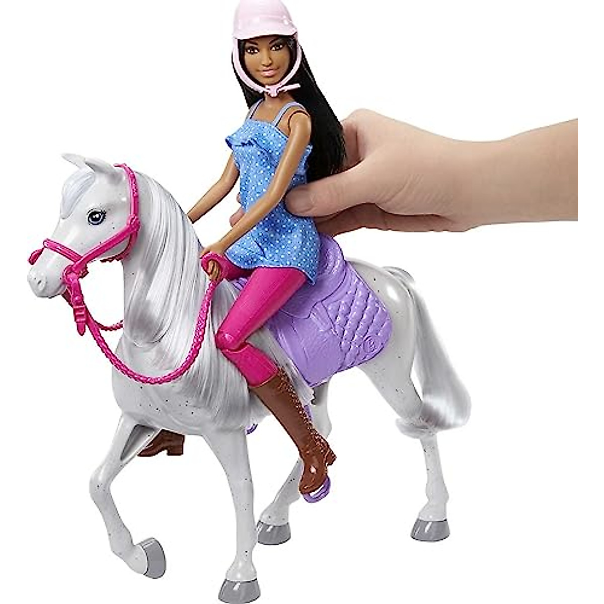 Barbie Doll and Horse, Bendable Brunette Doll with Riding Outfit and Boots, White Horse with Saddle, Bridle and Reins