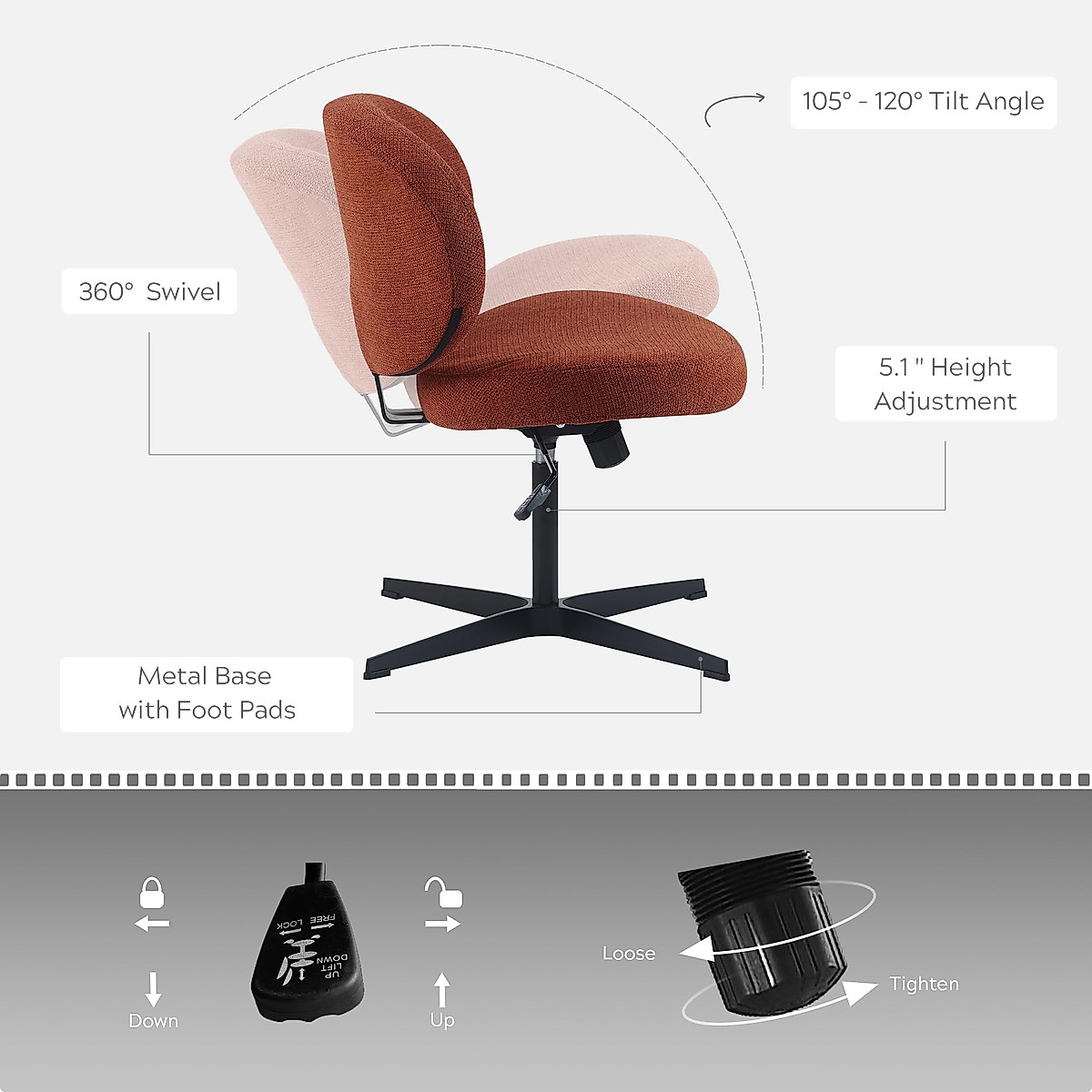 EYYTHUNG Criss Cross Chair No Wheels, Wide Armless Desk Chair Thick Padded Office Chairs Height Adjustable Swivel Accent Chair Oval Curved Deign for Office Living Room Bedroom Vanity, Beige