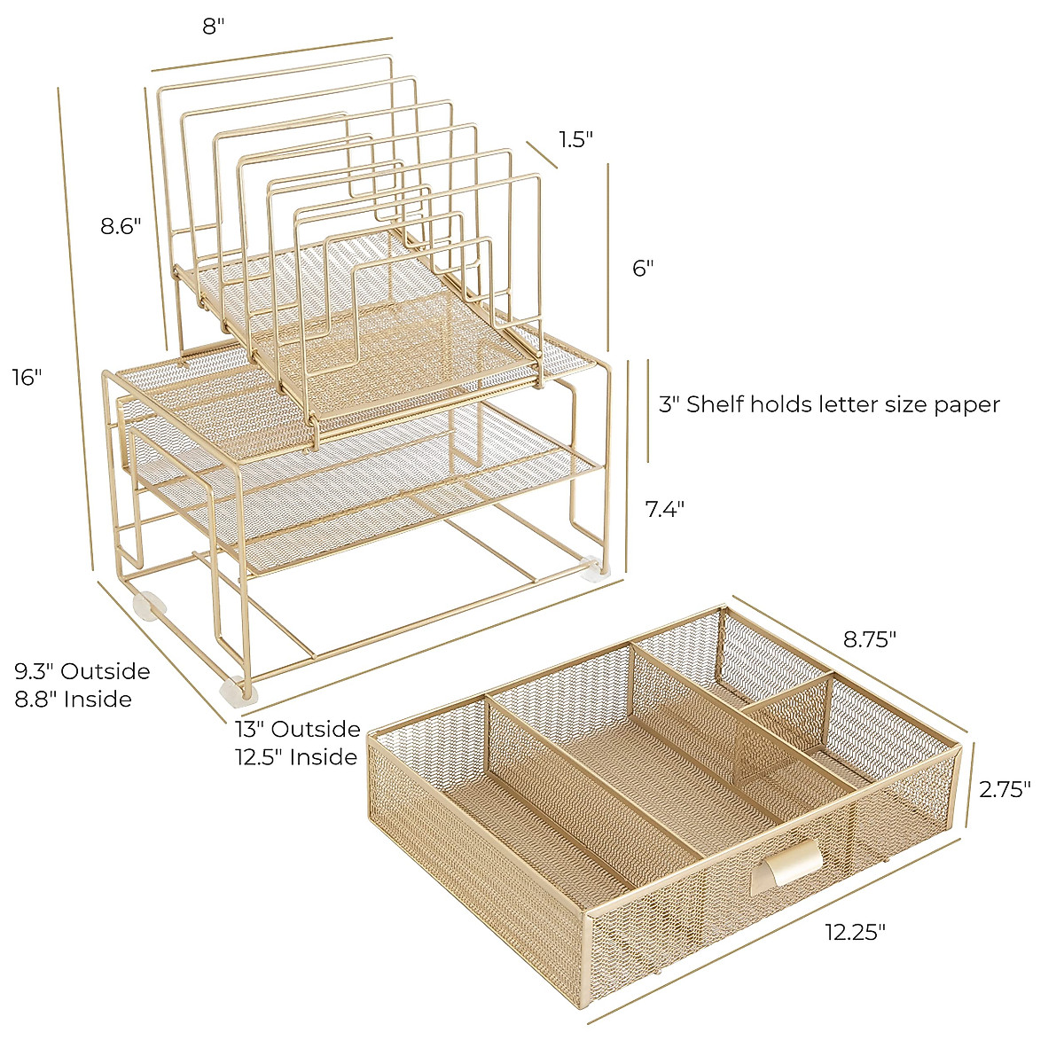 BLU MONACO Workspace Gold Desk Organizer and Accessories Desktop Rack with File sorters and Drawer for Office Supplies, Paper, Device and Folder