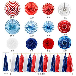 Meiduo Navy Blue Red White Party Decorations Hanging Paper Fans Pom Poms Flowers Tissue Tassel Garland for 4th of July Day Patriotic Decoration Graduation Birthday Supplies