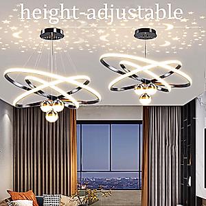 Modern LED Chandelier, 3 Rings Chandelier for Living Room with Remote Control , 3-Ball Dimmable chandelier with Mappable Lighting, High Ceiling Hanging Restaurant LED Chandelier for Dining Room