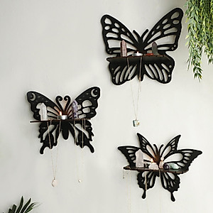HWOLPEMS Crystal Shelf Display, Wooden Butterfly Crystal Holder Shelve, Boho Wall Display Shelf, Stones, Candle, Necklace Hanging Holder, Interior Wall Decor Shelf