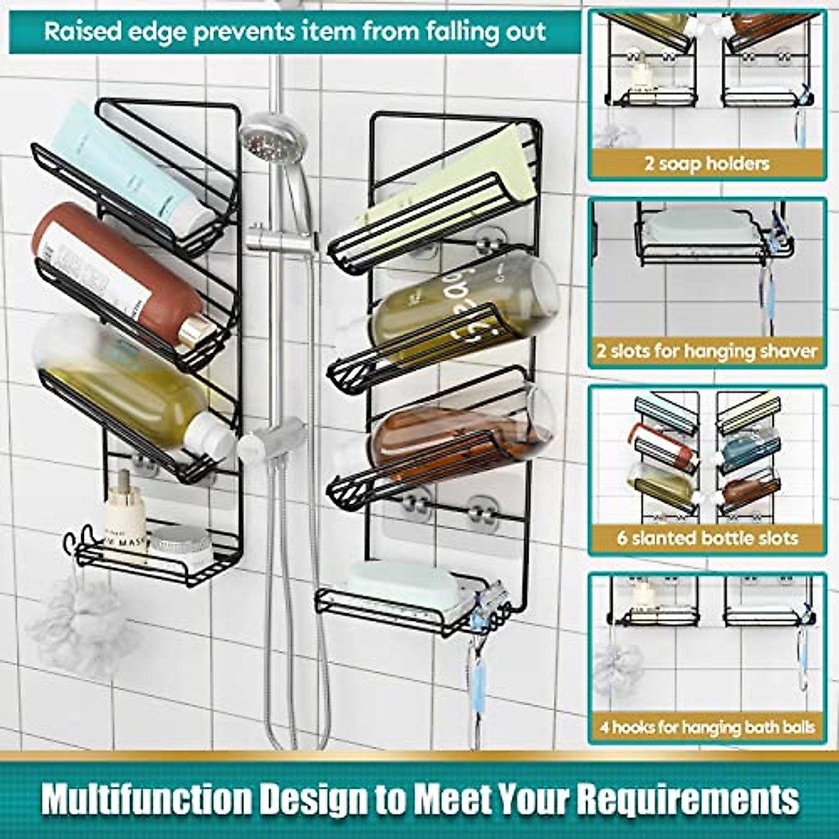 FANGSUN Shower Shampoo Bottle Holder, 2 Pack Slanted Shower Caddy Bathroom Organizer for Wall, Adhesive Shower Shelves for Inside Shower, No Drilling and Rustproof, Bathroom Shower Storage Rack, Black