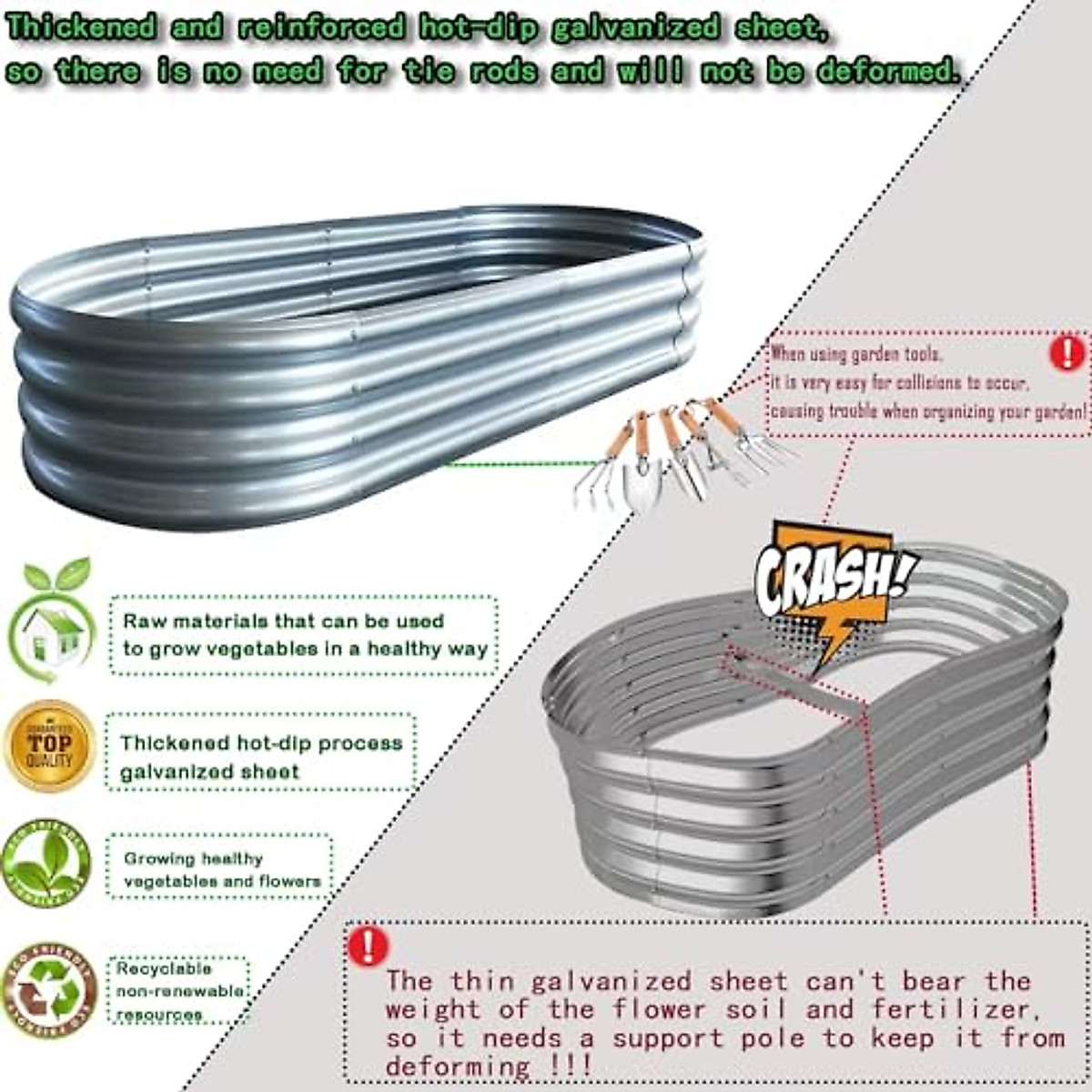 AONNTOO Galvanized Raised Garden Bed, Planters for Outdoor Plants, Oval Planters Tank with Metal Plant Support for Vegetables Flowers Fruits Herbs