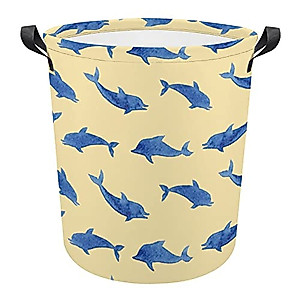 Dolphins Pattern Foldable Laundry Basket Waterproof Hamper Storage Bin Bag with Handle 16.5"x 16.5"x 17"