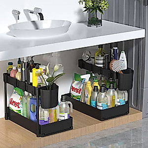 FUNXIM Under Sink Organizer, Under Sink Organizers And Storage, 2 Tier Slide Out Sink Shelf Cabinet Storage Shelves, Multi-Purpose Kitchen Bathroom Sink Organizer, With Organization And Storage Hooks
