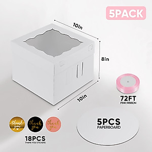 Zeonly 5 Pcs 10x10x8 inch Corrugated Cake Boxes with Cake Boards,10 inch Tall Cake Box with Stickers and Ribbon for Christmas Wedding Birthday Party
