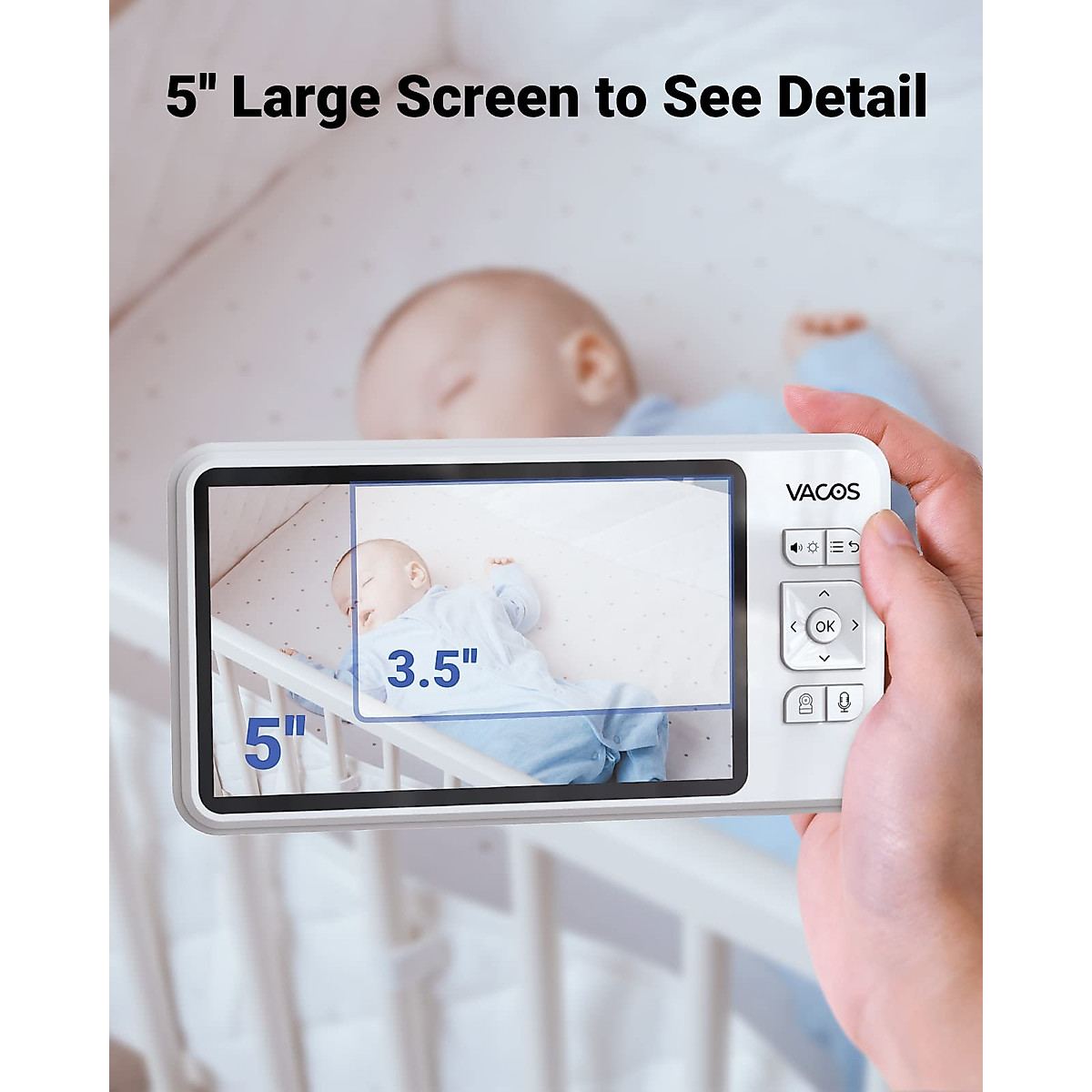 VACOS Video Baby Monitor with Camera and Audio - Baby Camera Monitor No WiFi with 720P 5" HD Display, Temperature & Motion & Sound Alert, Remote Pan Tilt and Zoom, Night Vision, 1000ft Range, VOX