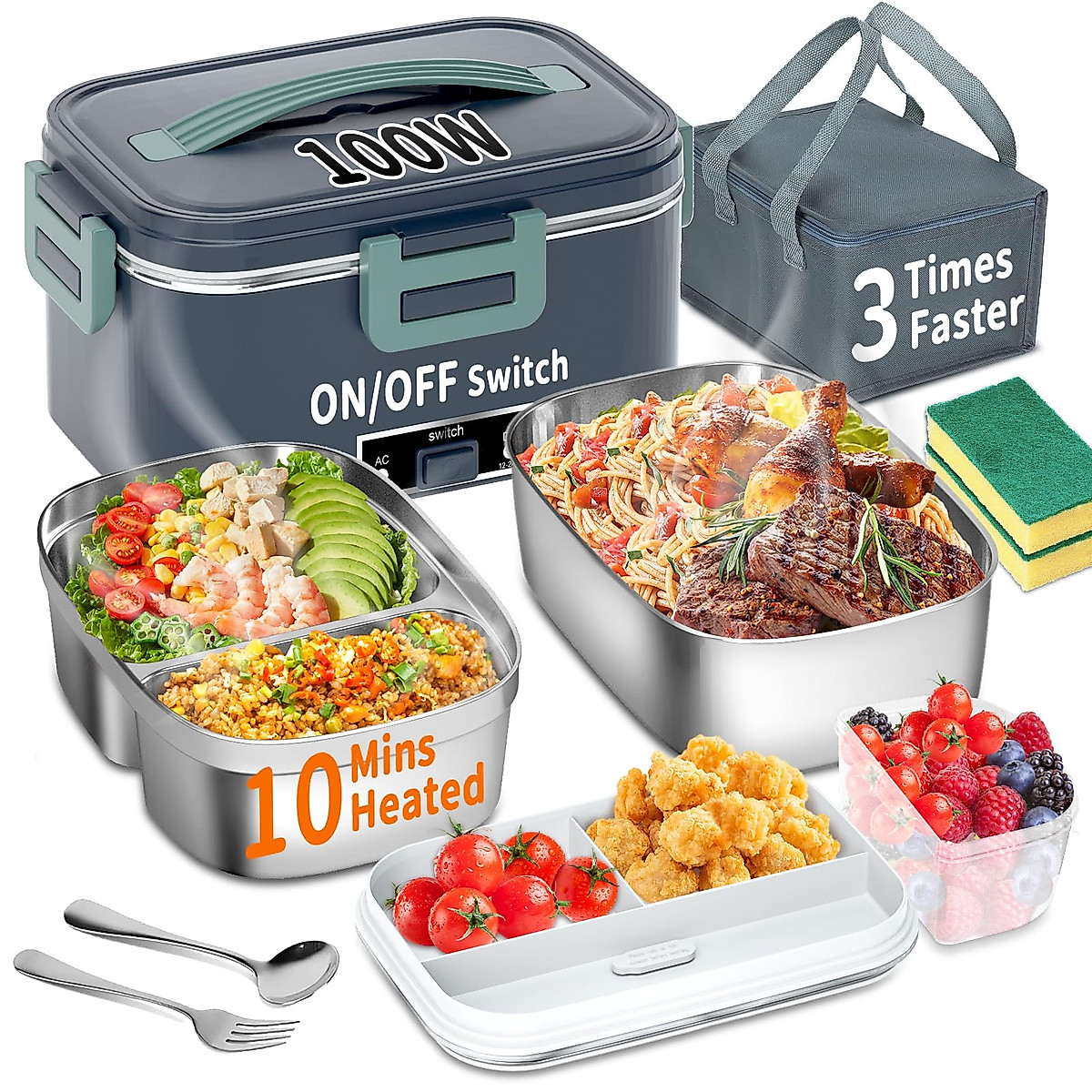 IFENROL Electric Heated Lunch Box for Adults, 100W 3-IN-1 1.8L Heated Lunch Box for Men Portable with Double Layer 2 Container, Fast Heating Food Warmer,12V/24V/110V for Car Truck Office Home Travel