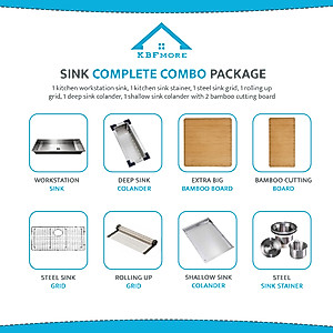 KBFmore 58 Inch Stainless Steel Undermount Workstation Kitchen Sink with Rolling Up Grid, Bottom Grid, Strainer Kit, Colander, Two Colander, and Two Bamboo Cutting Board