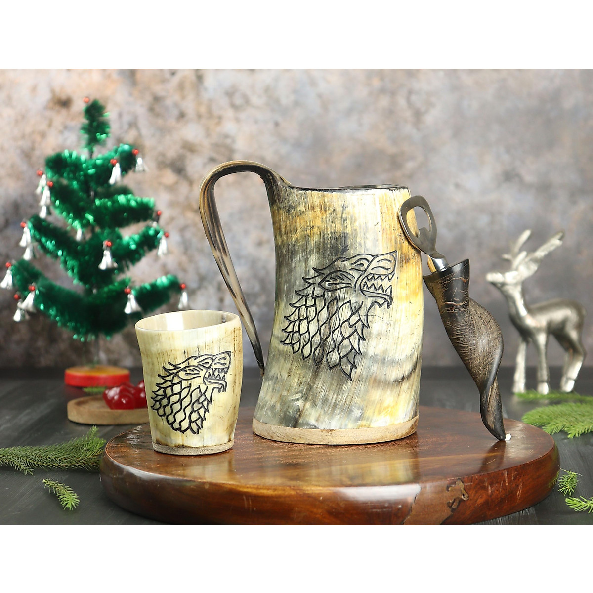 OLDEMPEROR Viking Drinking Horn Mug, 15-20oz| Shot Glass and Bottle Opener| Unique Handmade Viking Spacial Gifts for Men and Women - Food Grade Medieval Style (Fenrir)