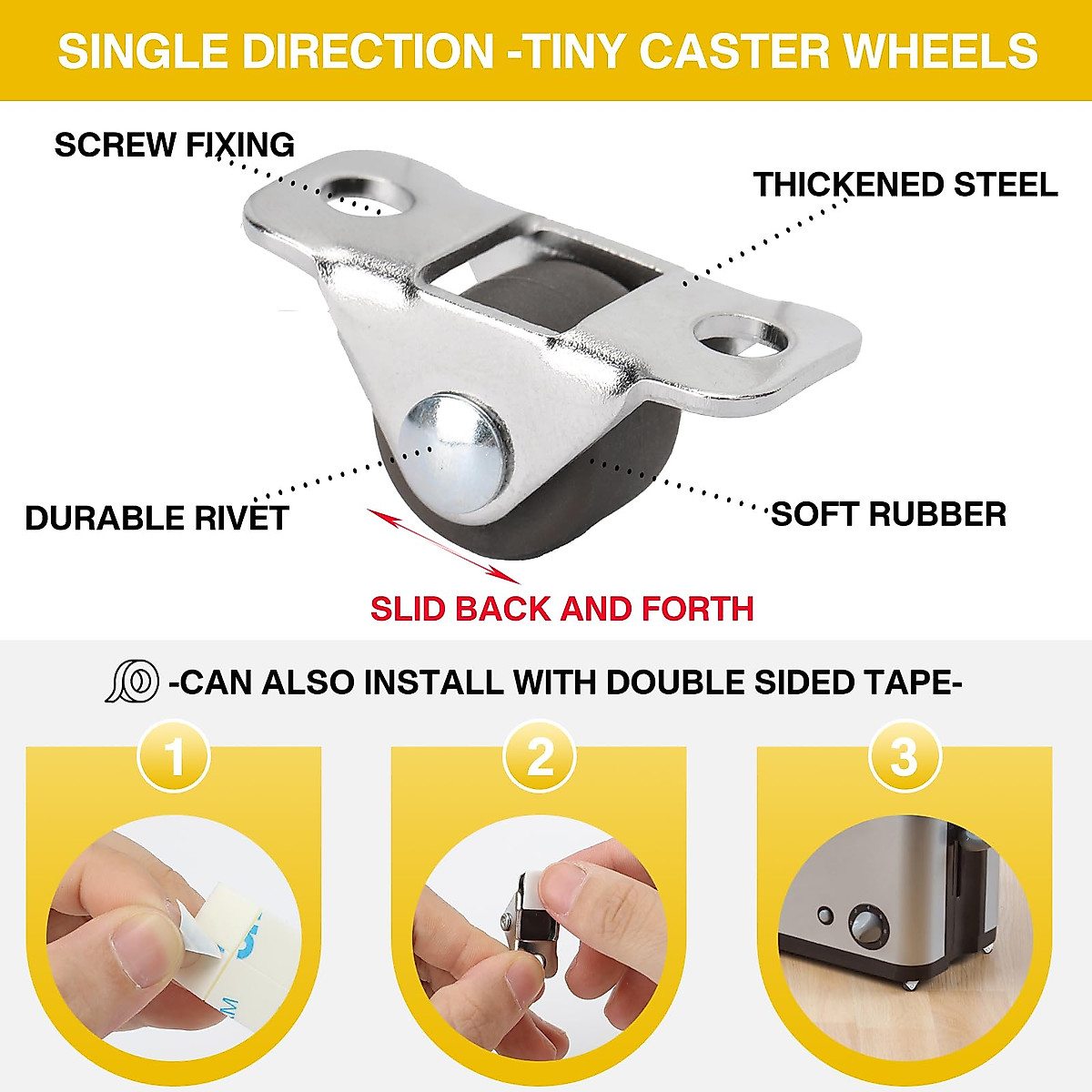 8Pcs 1/2 Inch Mini Caster Wheels Low Profile, Self Adhesive Single Direction Tiny Wheels, Little Rubber Rolling Wheels with Steel Top Plate for Small Appliances,Furniture,DIY Project (Non Swivel)