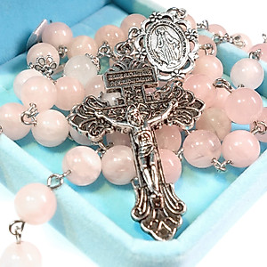GeekTenet Rosary Beads Chaplet Pink Natural Crystal Rosery Cross Catholic gifts (Pink)