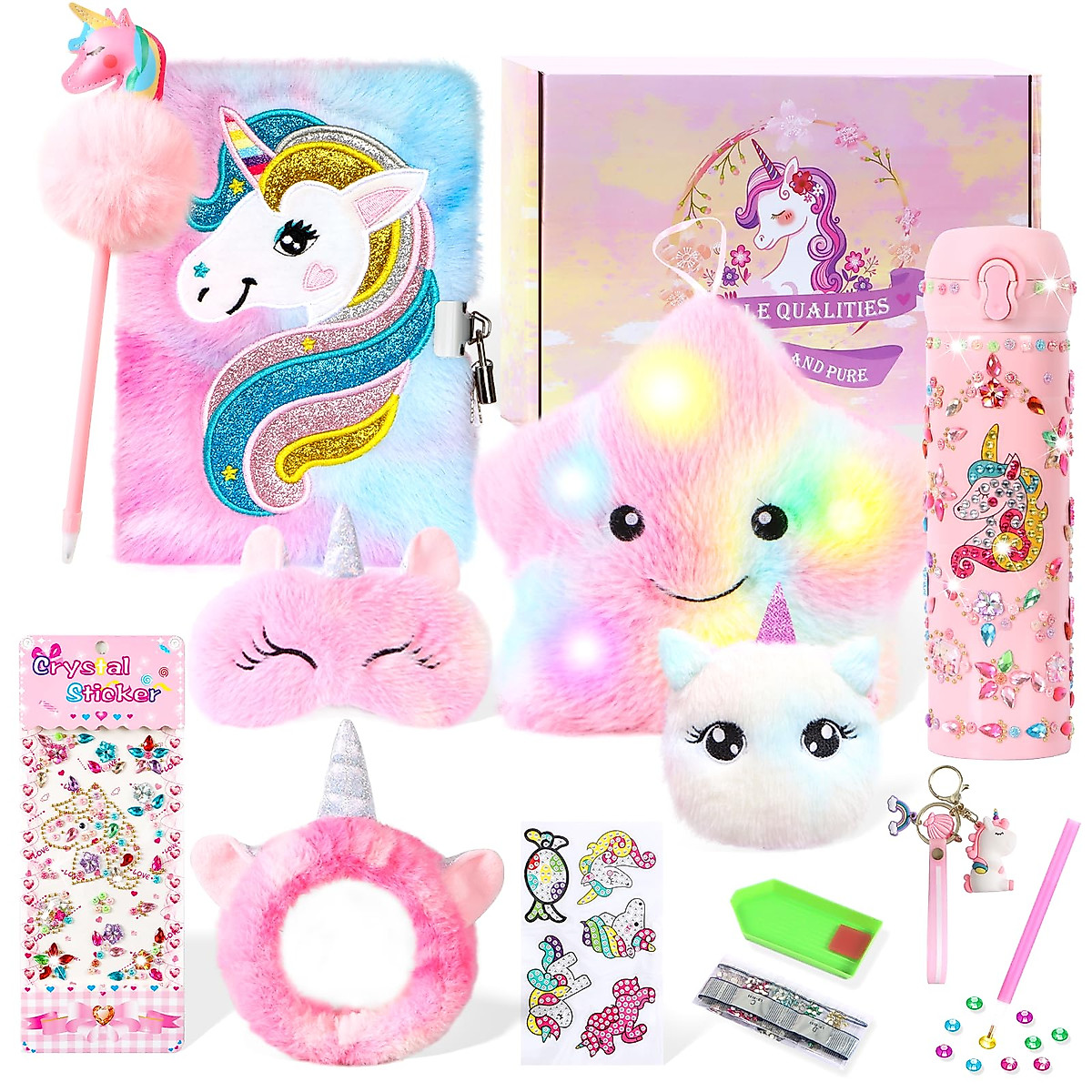 Unicorn Gifts for Girls, 10 PCS Unicorn Toys with Light Up Star Pillow Plush Diary DIY Water Bottle Kits for Girls' Birthday, Christmas and Halloween, Rainbow Unicorn Gift Set for 3-12 Years Old Girls