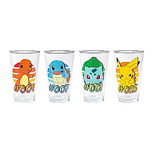 Silver Buffalo Pokemon Original Starters Charmander, Squirtle, Bulbasaur, and Pikachu 4pc. Pint Glass Set, 16 Ounces