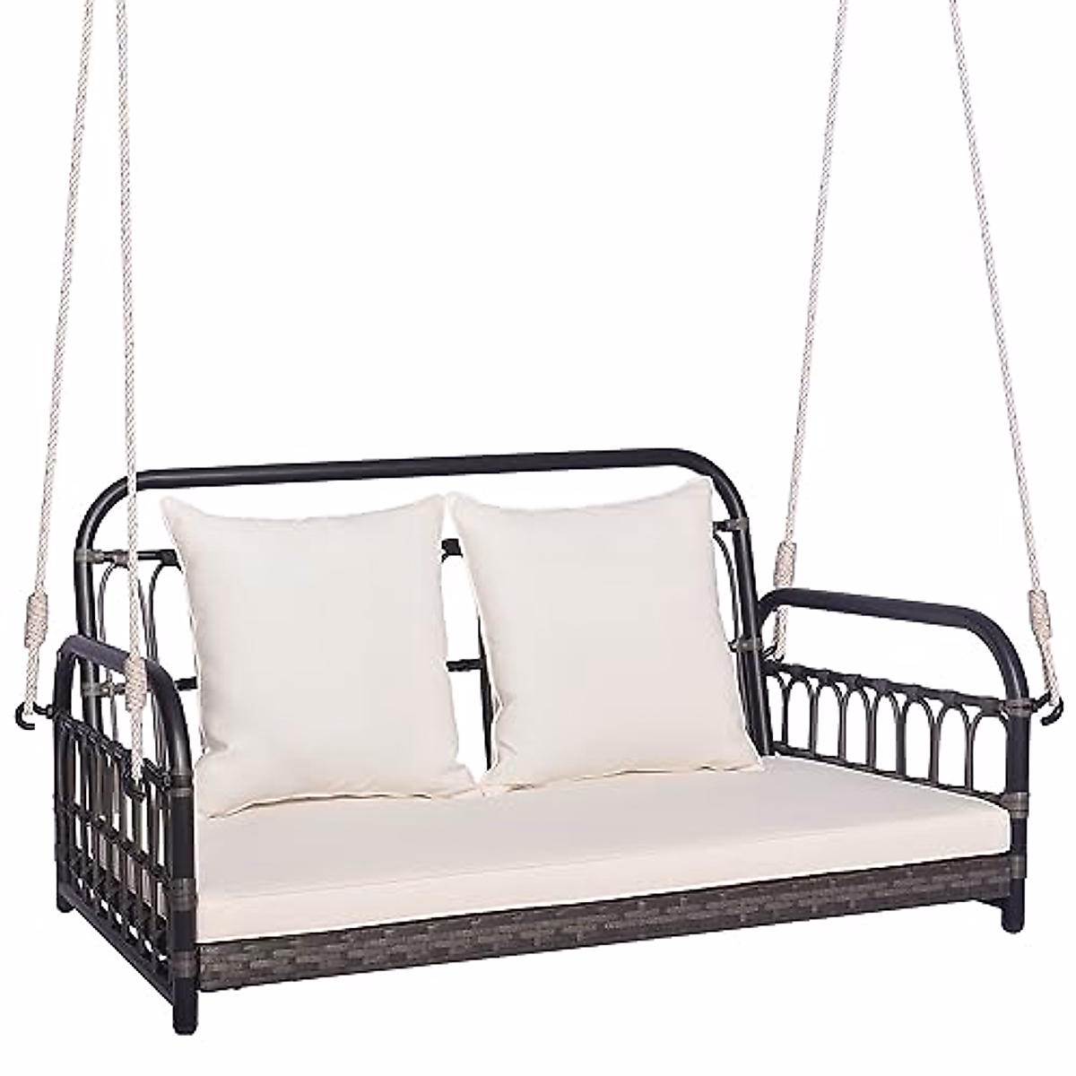 Tangkula Outdoor Wicker Porch Swing, 2-Person Hanging Seat with Seat & Back Cushions, Heavy-Duty Metal Frame & 2 Sturdy Hanging Ropes, Wicker Woven Swing Loveseat for Front Porch