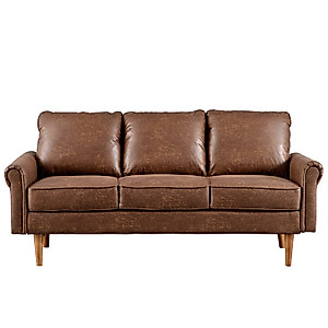ovios 73.6" Mid-Century Modern Sofa Couch, 3-Seats Faux Leather Couches with Comfy Cushions, Deep Seat Sofas for Living Room Bedroom Apartment Small Spaces, Dark Coffee