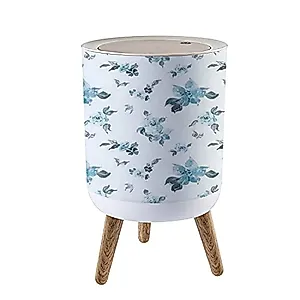 Small Trash Can with Lid Watercolor vintage teal floral seamless for fabric dusty blue flowers Garbage Bin Wood Waste Bin Press Cover Round Wastebasket for Bathroom Bedroom Diaper Office Kitchen