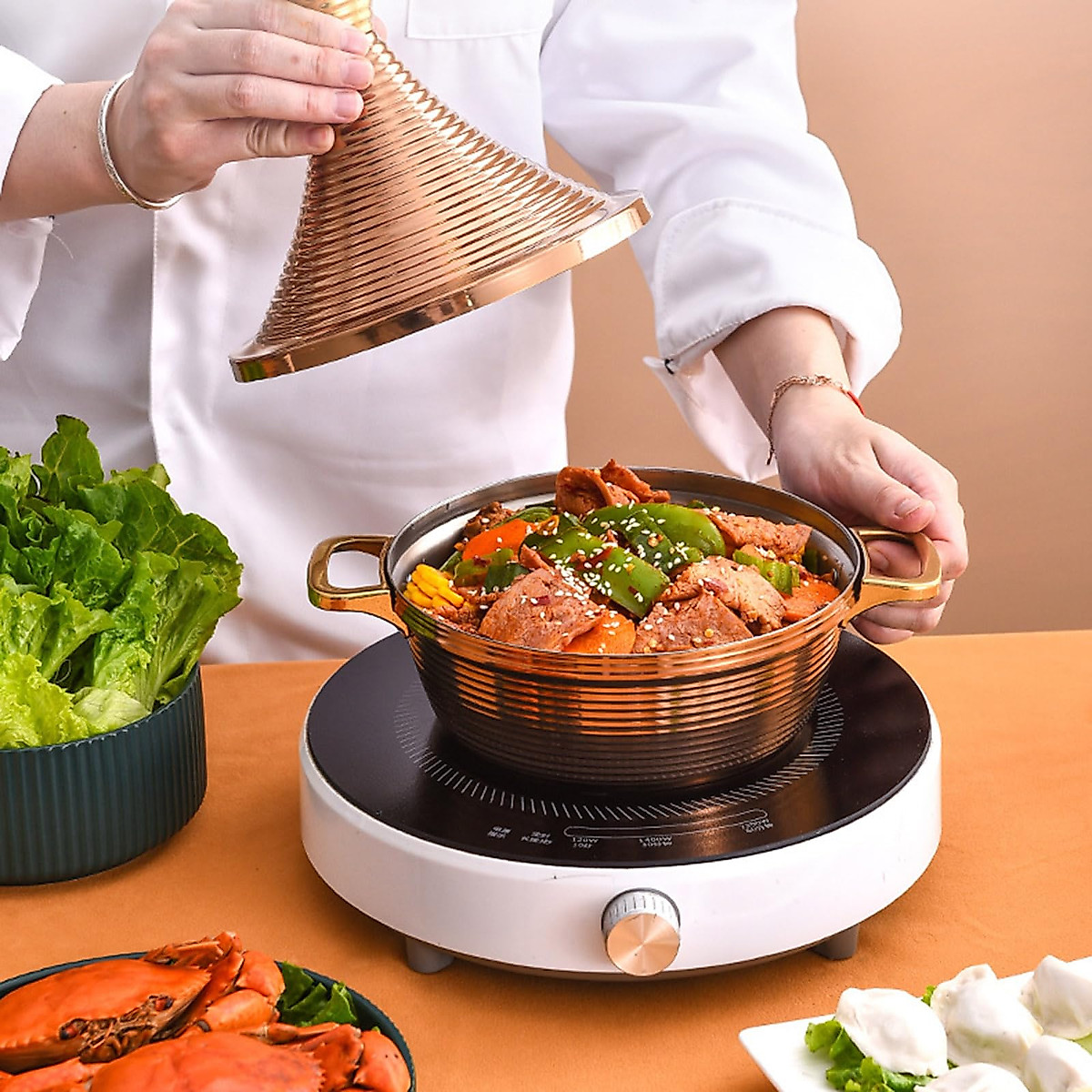 304 Stainless Steel Tagine Pot Moroccan Cooker Non Stick Cooking Pot with 2 Handle Large Moroccan Cooking Tagine Pot with Cone-Shaped Closed Lid,Silver,23cm