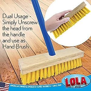 Lola Products Deck Scrub Brush with 48" Long Handle and 9" x 3.5" Scrubber, It's Very Durable Poly Fiber Scrubber Bristles Remove Dirt & Grime on patios, Decks, Asphalt, Tile, Cement- Wet or Dry