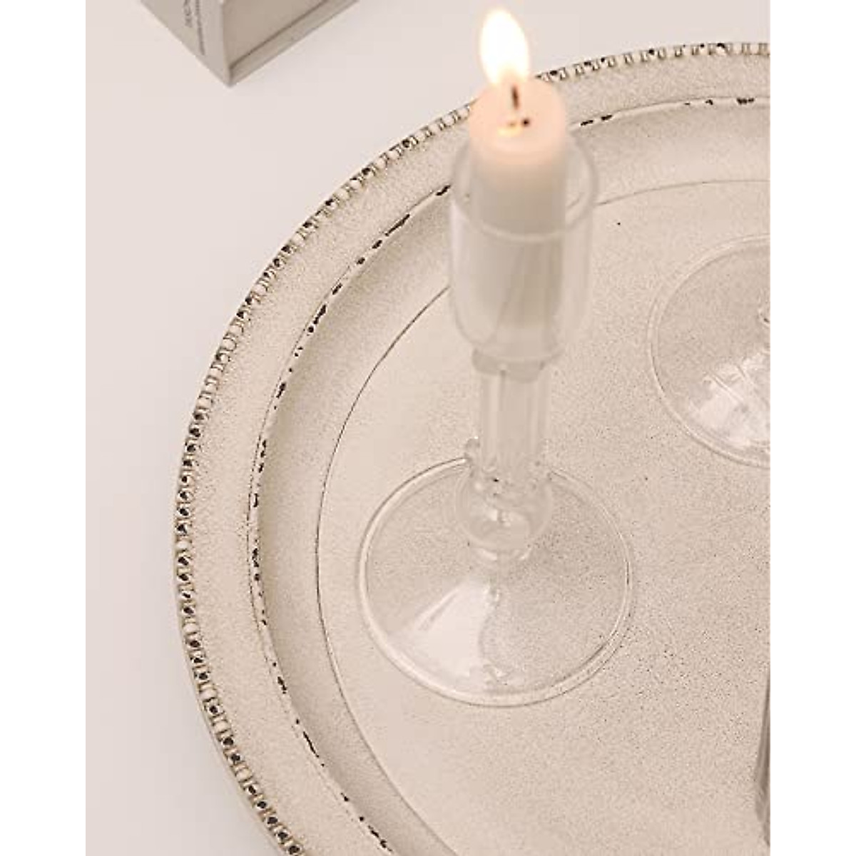 RM ROOMERS White Round Wooden Tray, Decorative Round Tray with Tiny Bead Stringing, Coffee Table Tray Circle, White Round Serving Tray for Living Room, Farmhouse