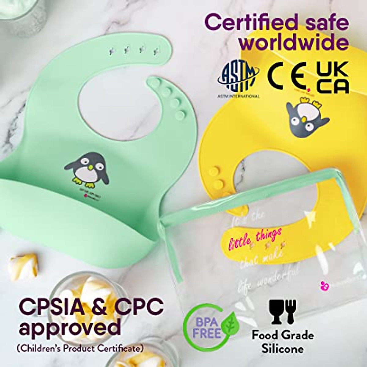 NatureBond Waterproof Baby Bibs, Silicone Weaning Bibs for Babies & Toddlers, Set of 2 w/Carry Pouch | Comfortable Soft 4 buttons Bib