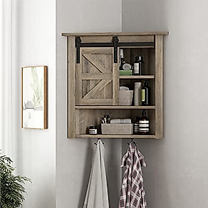 Fameill Bathroom Wall Cabinet Wall Mounted Corner Cabinet with Sliding Barn Door Over Toilet Bathroom Organizer Corner Wall Shelf Medicine Cabinet,Grey