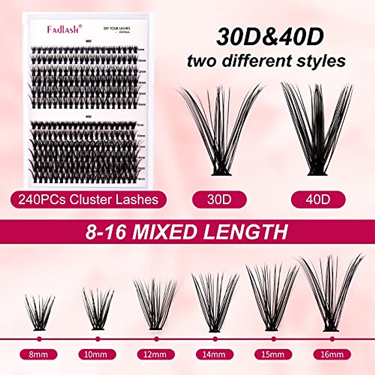 FADLASH DIY Eyelash Extension Kit, 240Pcs Lash Clusters with Lash Bond and Seal, Clusters Eyelash Applicator Tool, D Curl Thin Band DIY Lash Extension Kit Easy to Apply (30D+40D Kit)