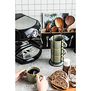 LYEOBOH Coffee Mug, Coffee Mugs Set of 4, Stackable Coffee Mugs with Rack and Spoons - 13 Oz Coffee Cup Set with Stand, Ceramic Coffee Mugs for Home & Kitchen, Blue and Green