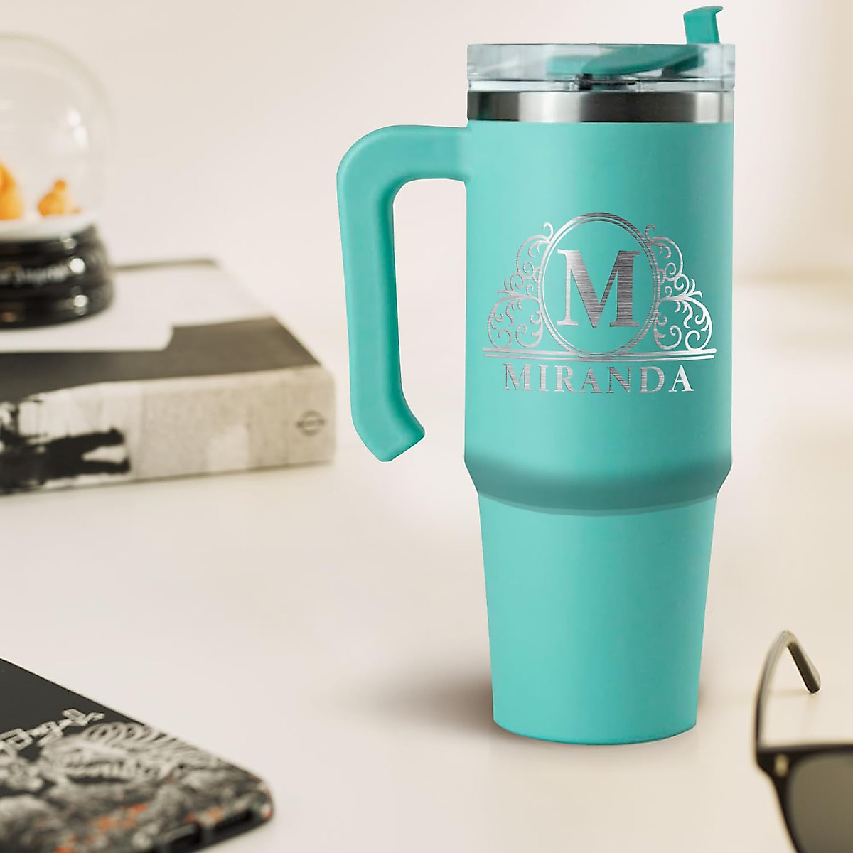 Personalized 30 oz Travel Mug - Elaborate Circle Monogram - Seafoam Custom Engraved Cup with Handle Vacuum Insulated Tumbler Birthday Gift for Women, Men, Beer and Drinks