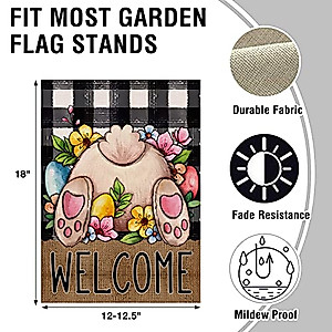 Artofy Welcome Easter Bunny Rabbit Small Decorative Garden Flag, Egg Flowers Farmhouse Yard Lawn Outside Decor, Spring Buffalo Plaid Check Burlap Outdoor Home Decoration Double Sided 12 x 18