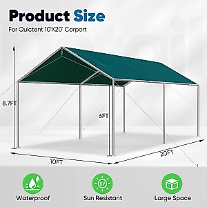 Quictent 10x20 ft Heavy Duty Car Canopy Galvanized Frame Carport Outdoor Party Tent Boat Shelter with 3 Reinforced Steel Cables - Green