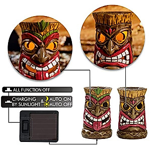 TERESA'S COLLECTIONS Set of 2 Tribal Tiki Head Decor Garden Sculptures & Statues with Solar Lights, Hawaiian Tropical Tiki Torch Totem Figurine, Outdoor Bar Patio Yard Lawn Party Beach Decorations
