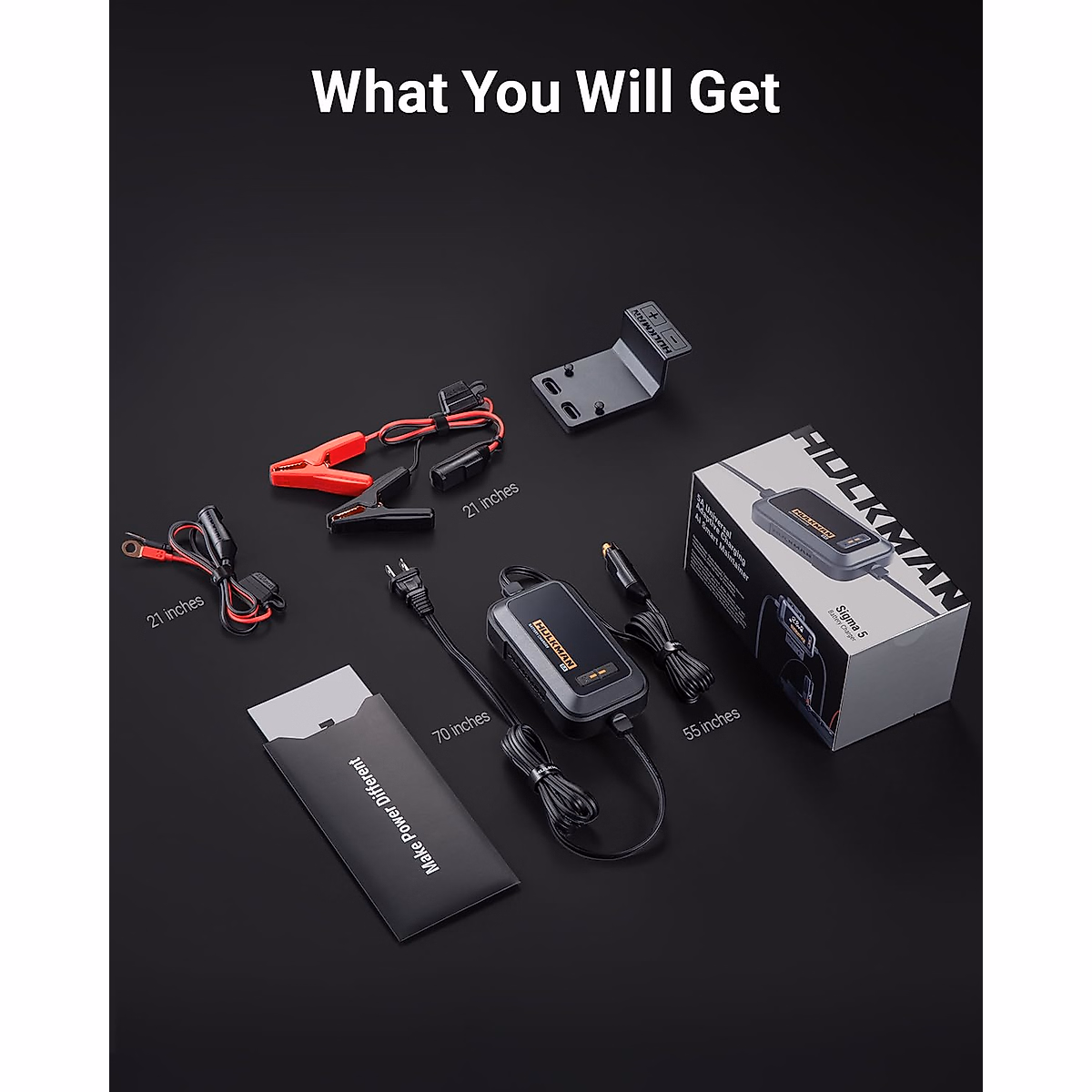 Hulkman Sigma 5 Float Battery Trickle Charger, 5A 6V/12V Smart Car Battery Charger with LED Screen, Automatic Maintainer and Desulfator for Car, Motorcycle, ATV, Lithium, and Deep Cycle Batteries