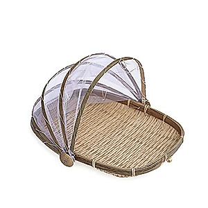 13" Rectangular Bamboo Serving Food Tent Basket Picnic Basket Fruit Basket with net Cover Insect Proof