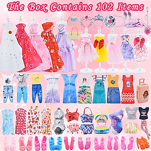 Doll Clothes Closet and Accessories - Baby Doll Wardrobe with 102 Pcs 11.5 Inch Kids Dolls Colthes Toy Included Wedding Dress, Dress Outfits Tops,Christmas & Birthday Gifts for Girls Age 5 6 7 8 9 10