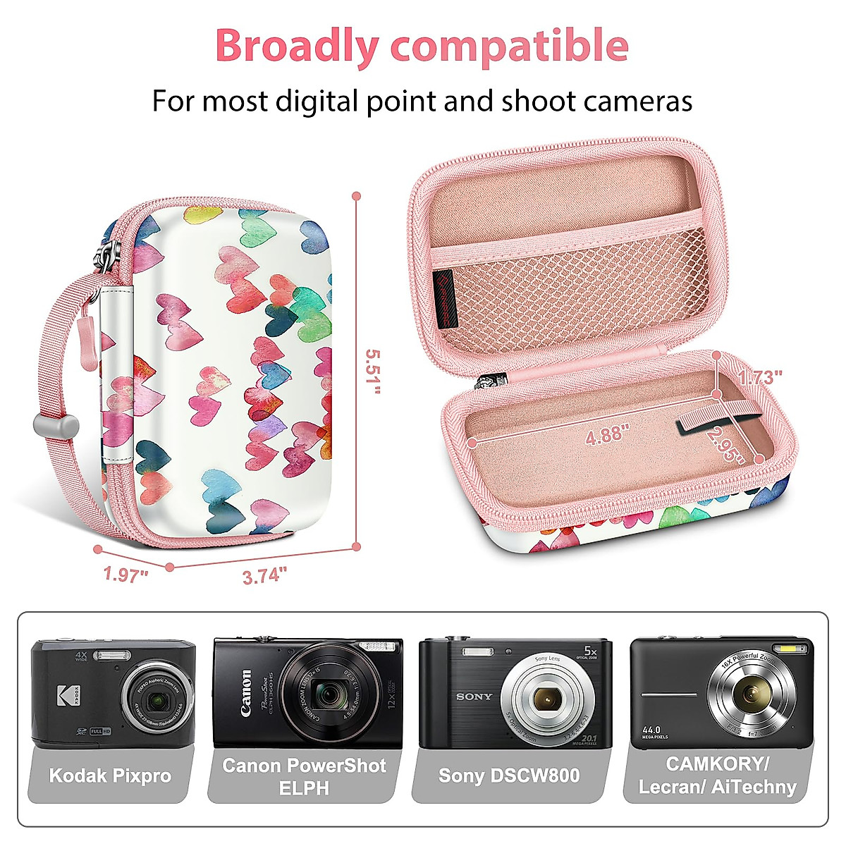 Fintie Digital Camera Case Compatible with Kodak Pixpro FZ55/ FZ45/ FZ53/ FZ43/ WPZ2, Canon PowerShot ELPH 360/ Lecran/CAMKORY, Small Cameras Carrying Bag, Raining Hearts