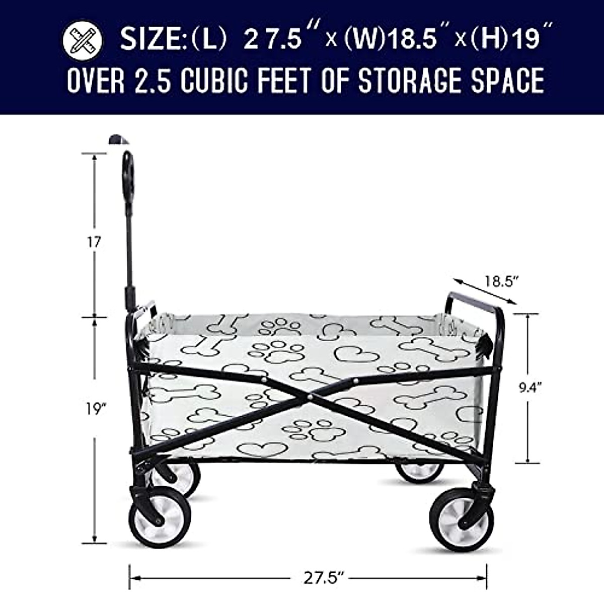 Collapsible Wagon Cart Pet Dog Footprints Heart and Bone Black Outline on a White Seamless Foldable Utility Wagon Large Capacity Garden Cart with Push Bar for Beach Camp Outdoor Shopping