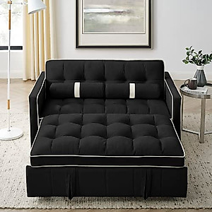 akucvor 55.5" Sleeper Sofa Bed, Convertible 3 in 1 Loveseats Sofa Bed with Side Pockets, Multi-Function Velvet Pull Out Sofa Bed with Adjustable Backrest for Living Room Bedroom, Black